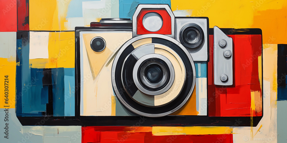 Cubist interpretation of a vintage camera, fragmented and reconstructed ...