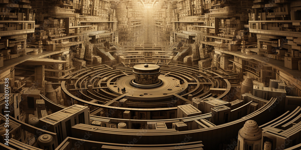 Intricate surreal illustration, a labyrinth of classic vinyl record ...