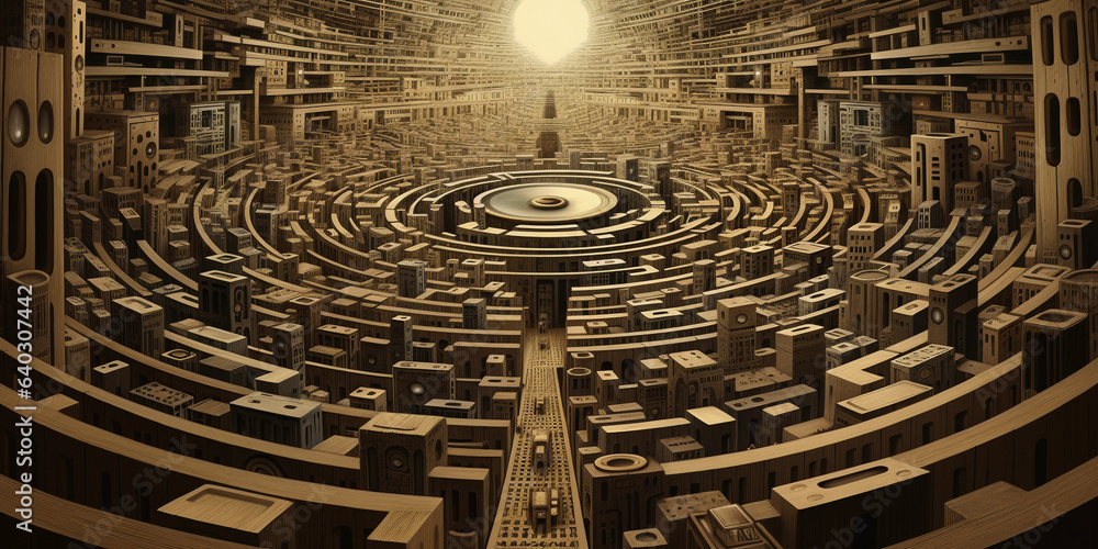 Intricate surreal illustration, a labyrinth of classic vinyl record ...