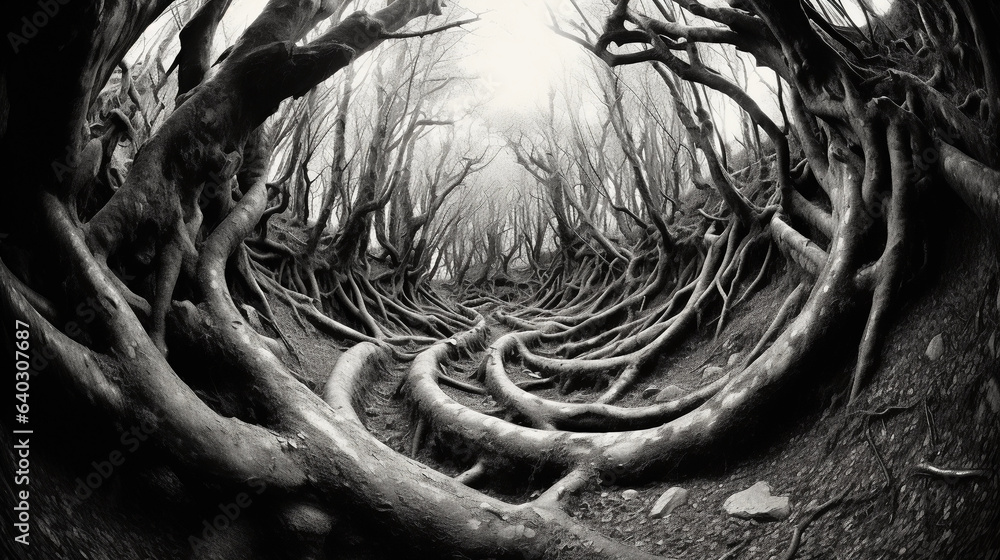 Twisted gnarled ancient forest, eerie, mystical, abstract nature art ...