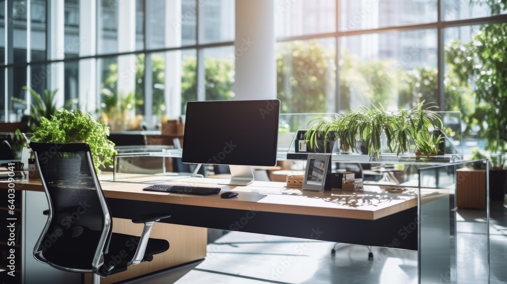 Modern corporate office open space with forest outside the window ...