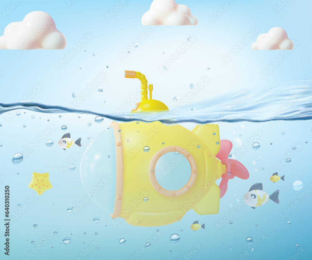 3d Yellow Submarine with Periscope Underwater Cartoon Style Ocean World ...
