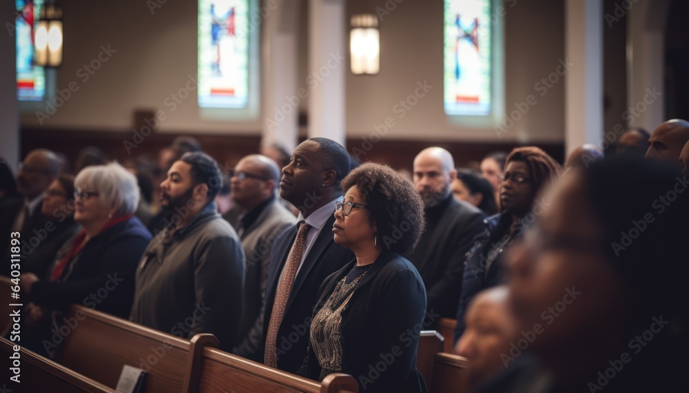 Foto de Photo of people sitting in pews in a church do Stock | Adobe Stock