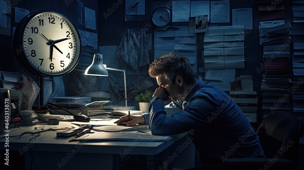 A compelling image of a business model, seated at a dimly lit office ...