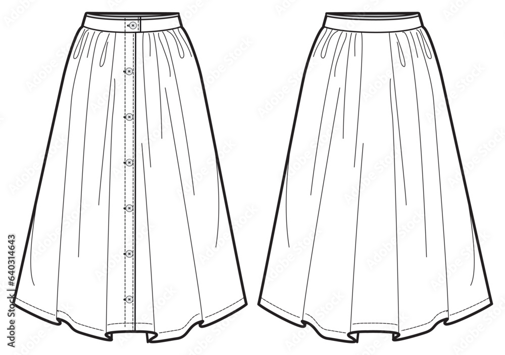 Women dirndl Skirt flat sketch illustration, Set of Womens pleated ...