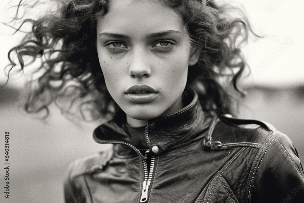 B&W portrait of fashion model in haute couture leather jacket and ...
