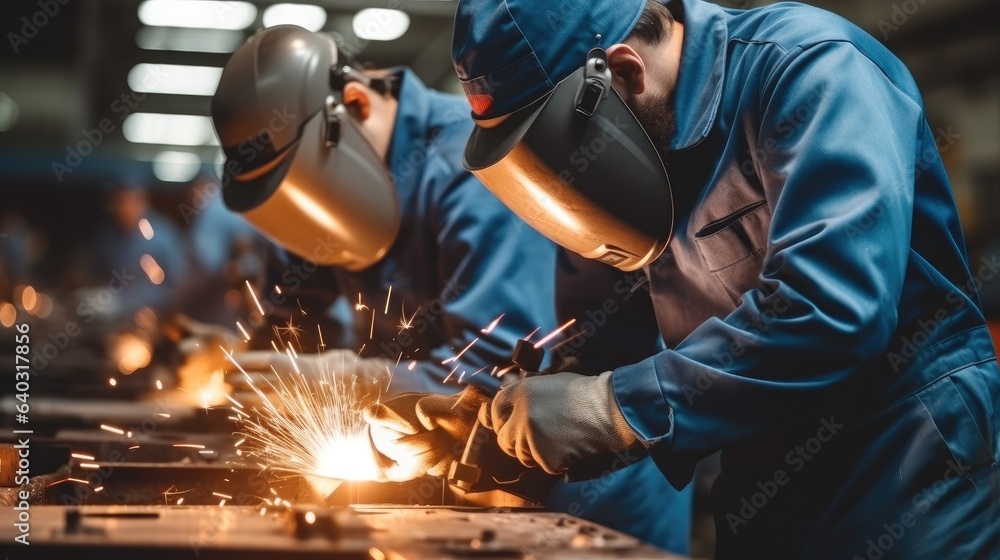 Welding worker team working arc weld metal joint production in heavy ...