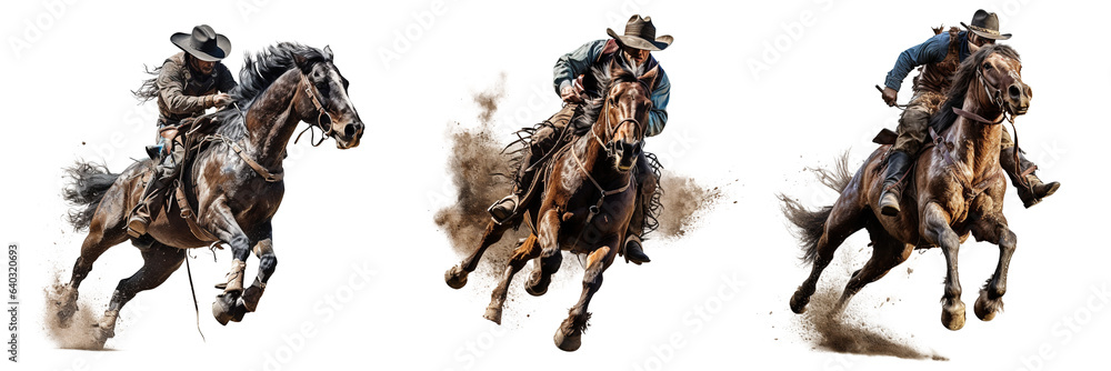 Saddle Bronc rodeo horse with riding cowboy Isolated on transparent ...