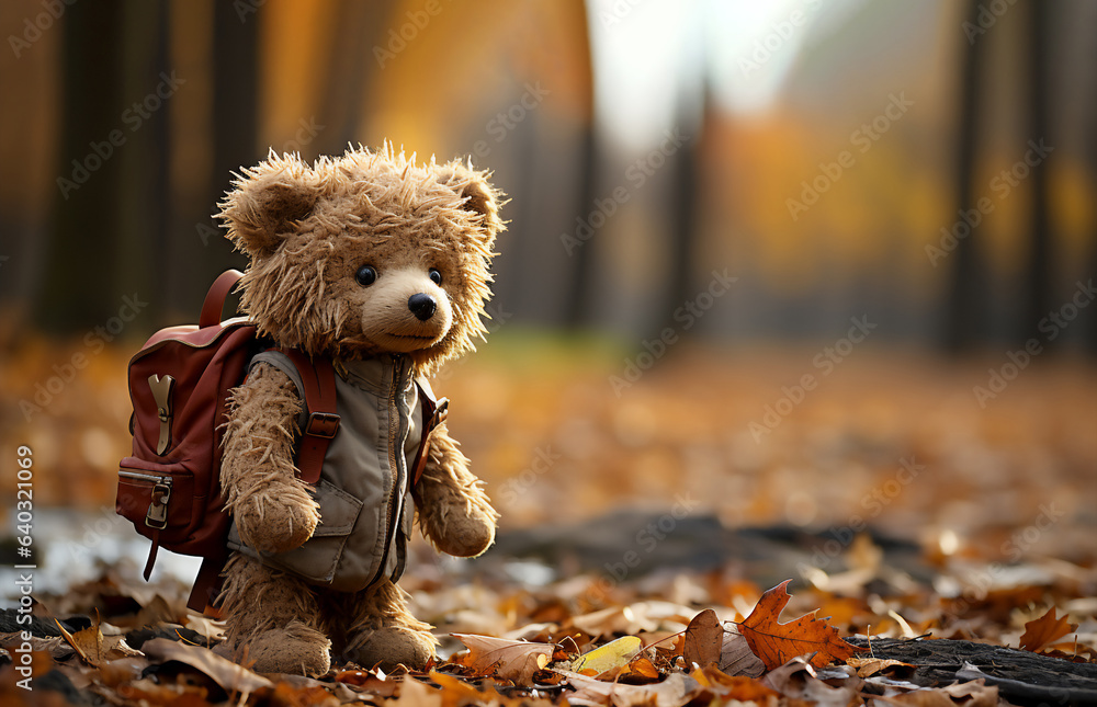 Lonely Teddy bear doll standing alone with blurry autumn forest ...