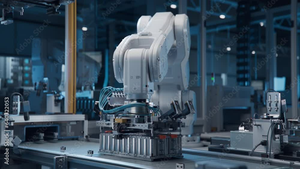 On Lithium-ion Battery Cell Manufacturing Line Robot Arm Transporting ...