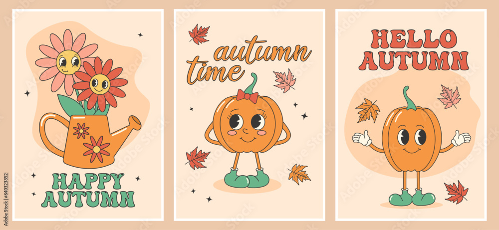 Groovy autumn fall card, poster set with cute autumn pumpkins and ...