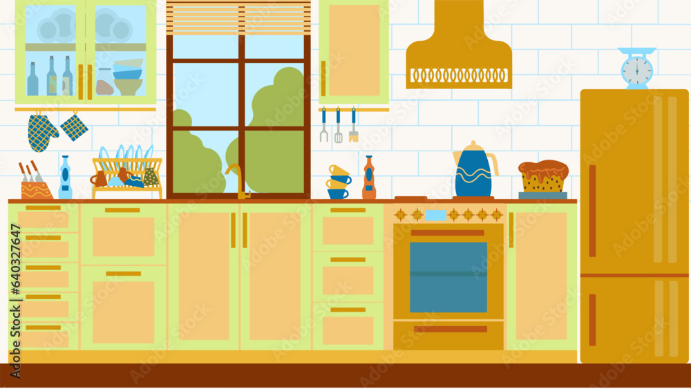 Bright orange kitchen with a window over the sink and kitchen equipment ...