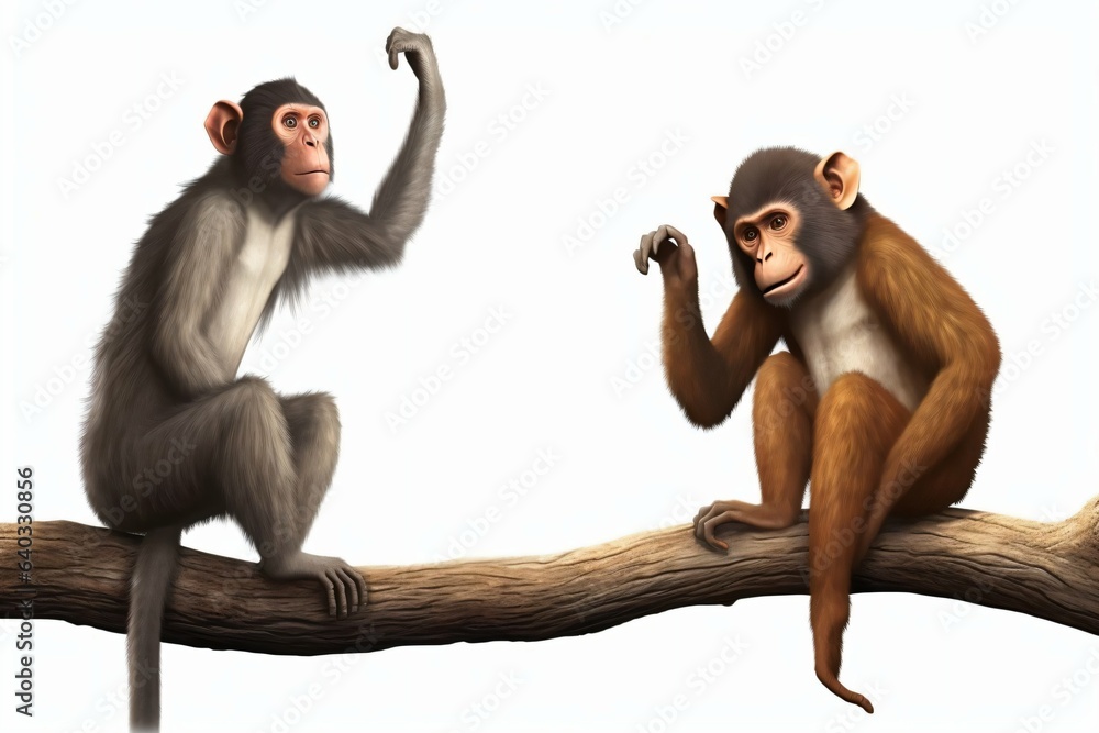 Monkey chattering and hooting in treetops isolated on white background ...