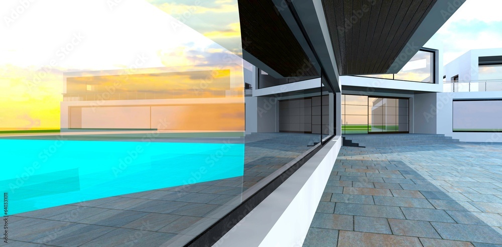 Long panoramic window reflecting pool on the territory of modern ...
