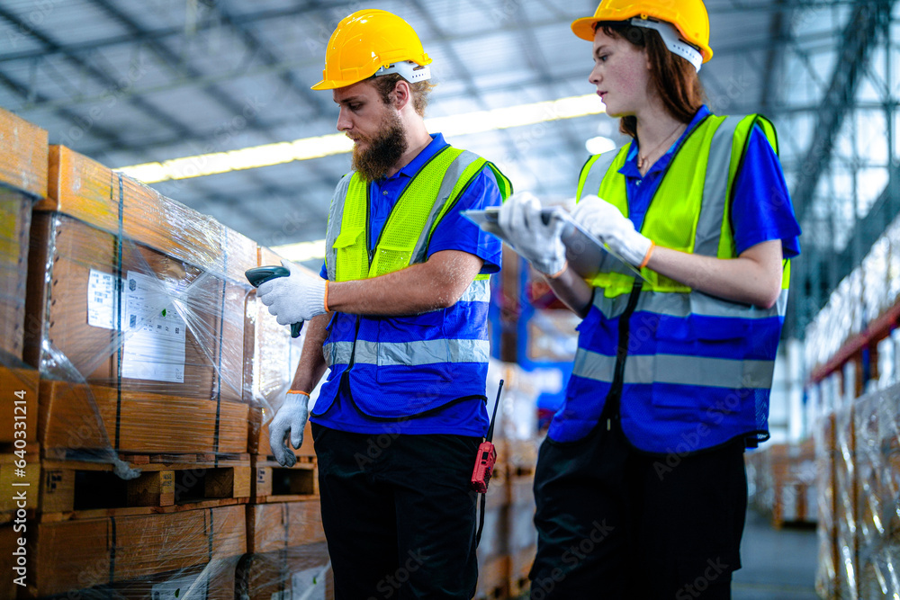 workers using Laser Barcode Scanner to checking stock items for ...