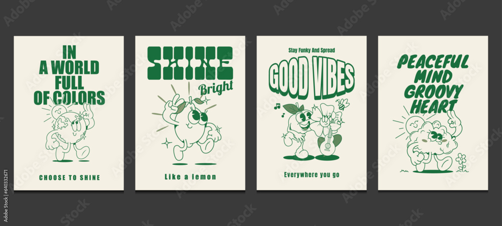 groovy posters 70s, retro posters with funny cartoon characters, vector ...