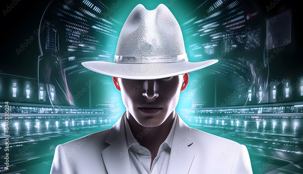 Hacker With White Hat Concept Of Ethical Hacking Dark Web Cybercrime Cyberattack Stock Foto