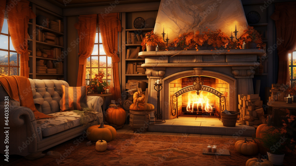 A cozy living room with a fireplace, plush couches, and fall-themed ...