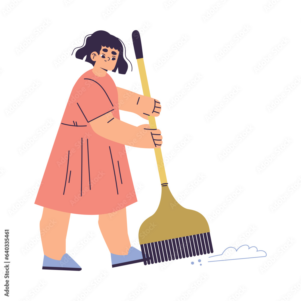 Little Girl Sweeping Floor as Children Day Activity Vector Illustration ...