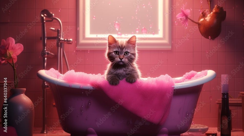 Cute little kitten taking a bath in a pink bathtub. Stock Photo | Adobe ...