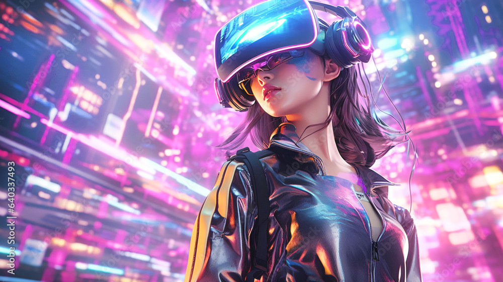 Teen, Generation Alpha wearing VR headset in cybercore attire immersed ...