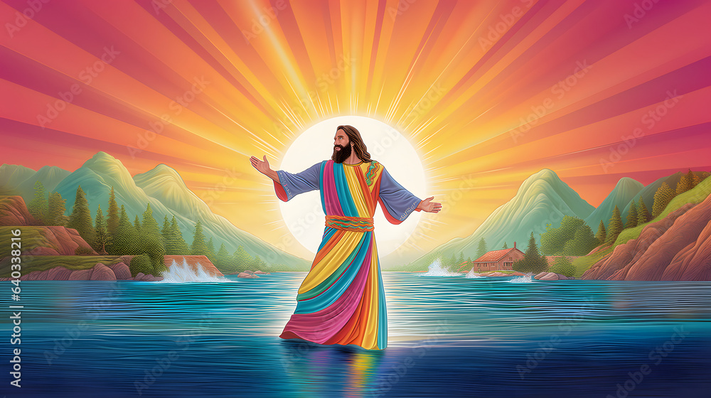 Jesus Christ walking on water at the sea. with colors of rainbow. Stock ...