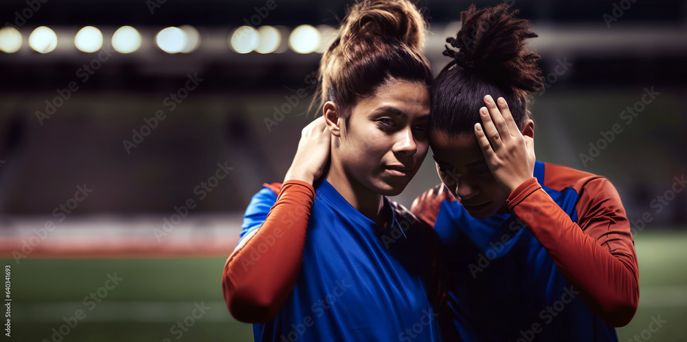 Two young female soccer players jubilantly celebrate a victory on a ...