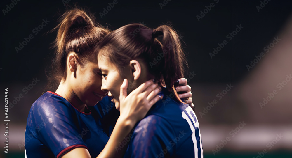 Two young female soccer players jubilantly celebrate a victory on a ...