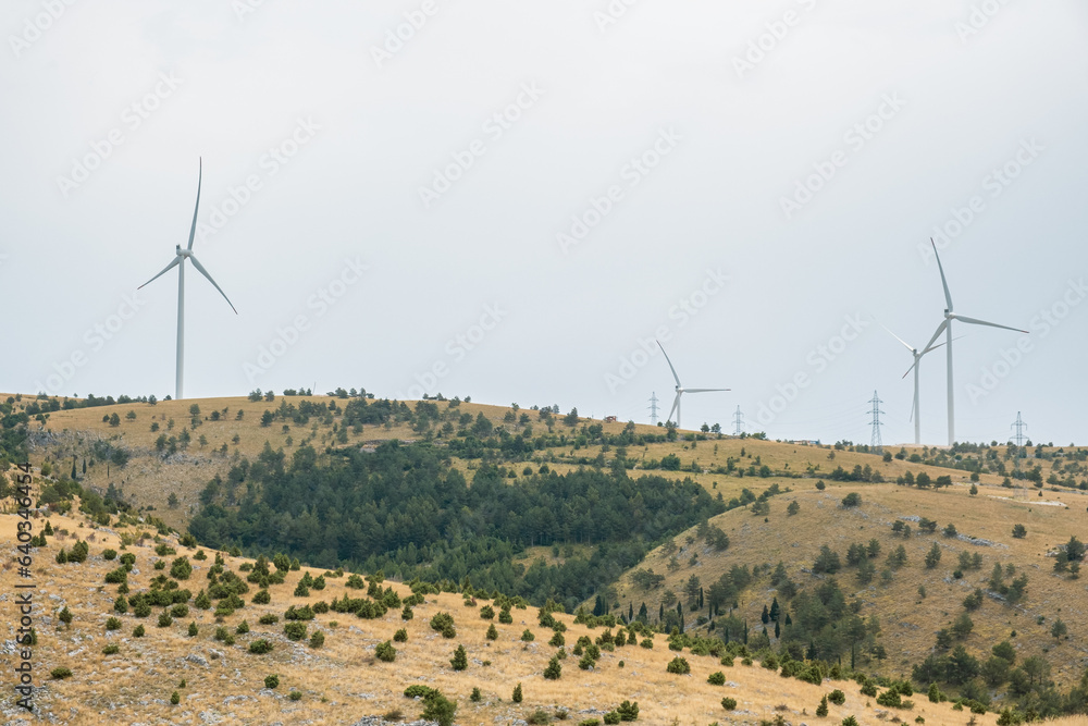 Wind power station. Wind turbines on wind farm in Mostar, Bosnia and ...