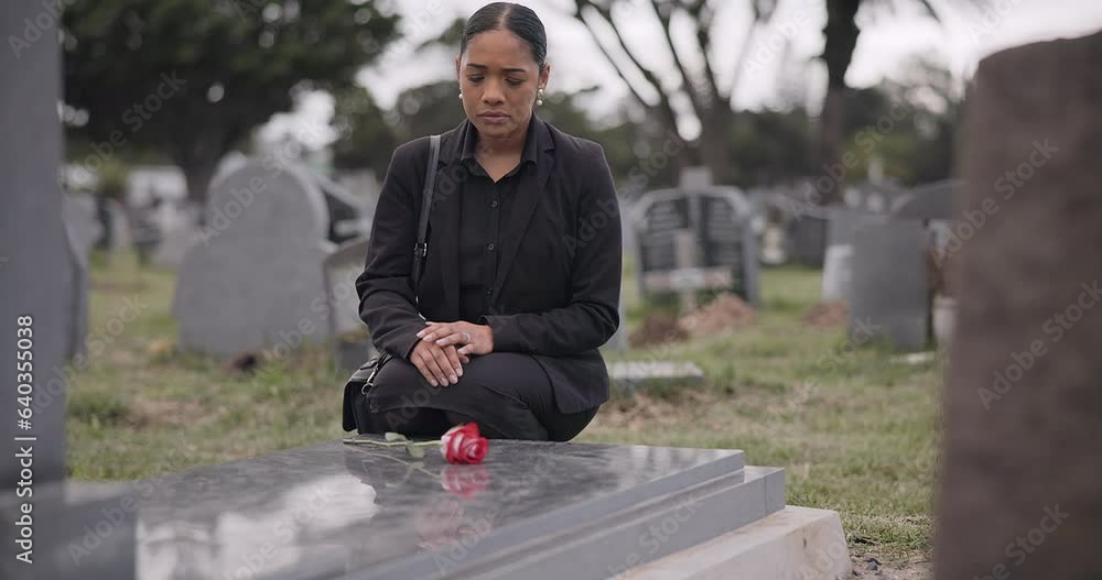Sad woman, graveyard and rose on tombstone in mourning, loss or grief ...