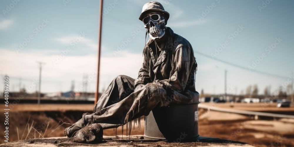 Skeleton in Oil Worker Attire Sits on an Oil Barrel Amid Polluted ...
