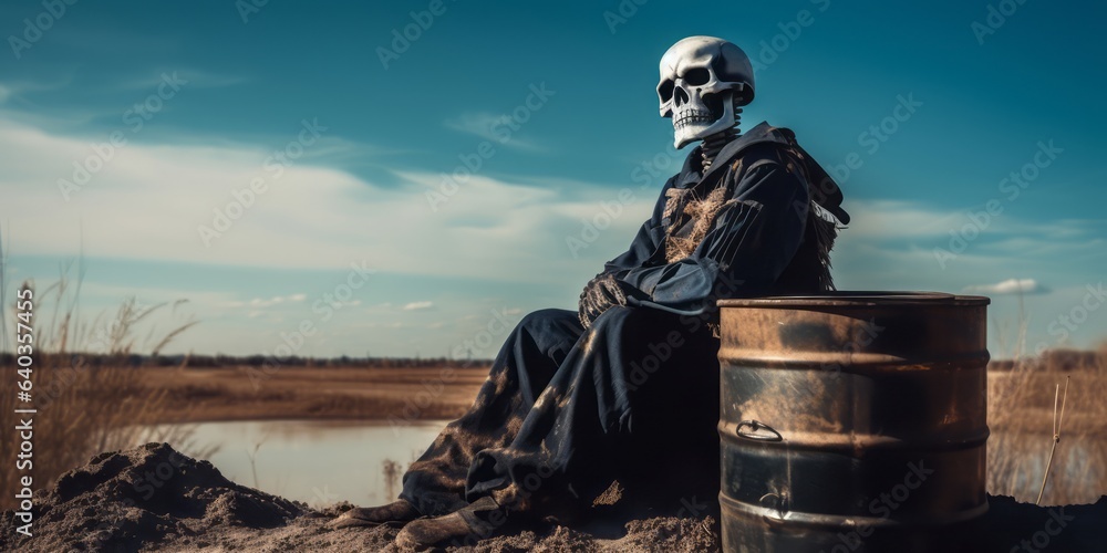 Skeleton in Oil Worker Attire Sits on an Oil Barrel Amid Polluted ...