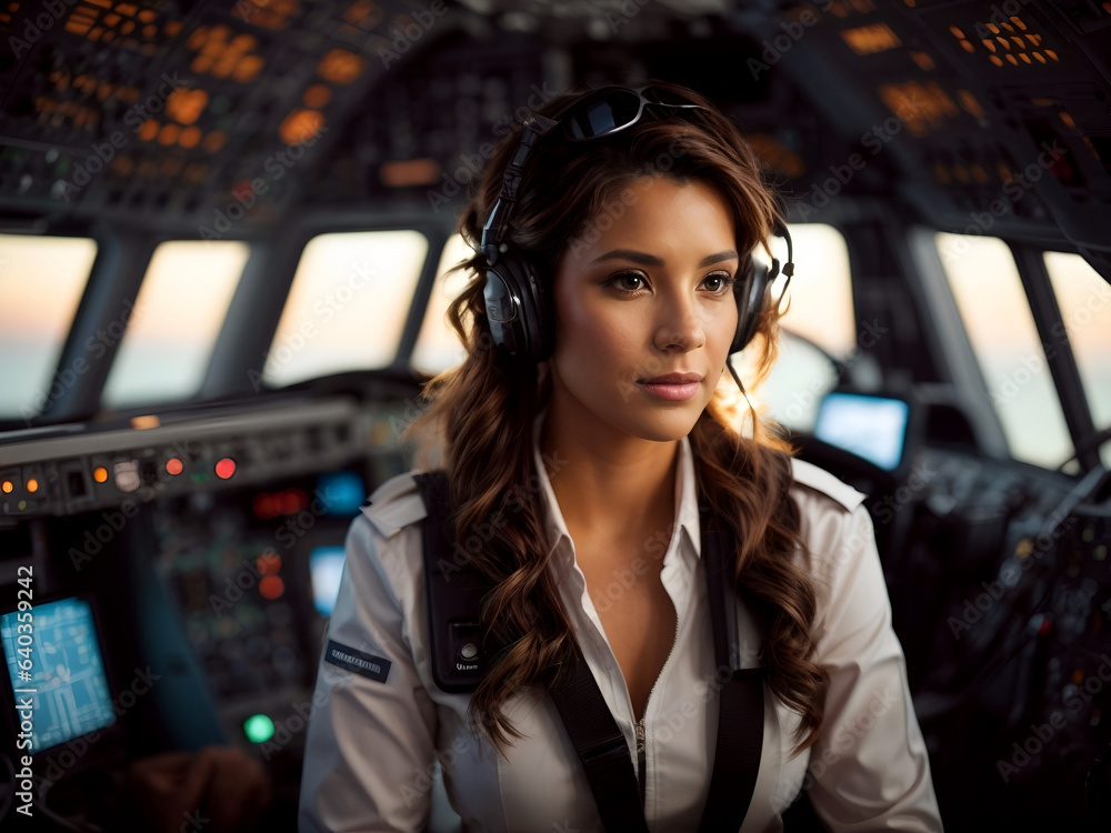 Confident woman pilot sitting, getting ready for a flight in a cockpit ...