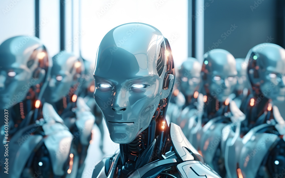 Many identical AI in the office and working, one robot is looking at ...