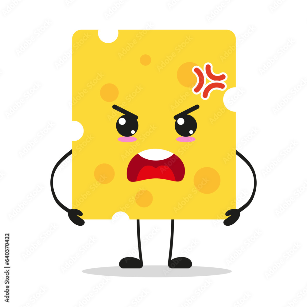 Cute angry cheese slice character. Funny mad food cartoon emoticon in ...
