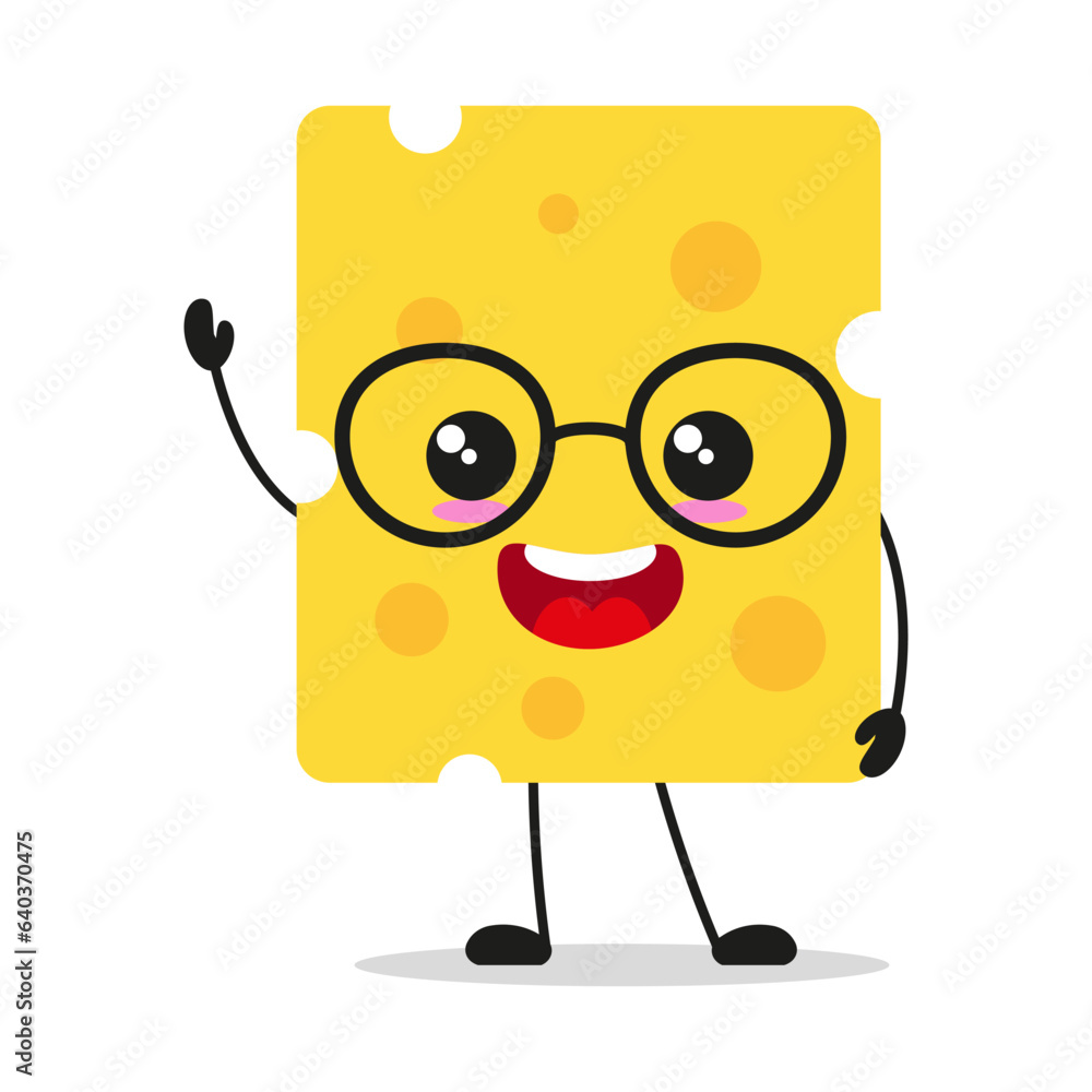 Cute happy cheese slice wearing eyeglasses character. Smiling and greet ...