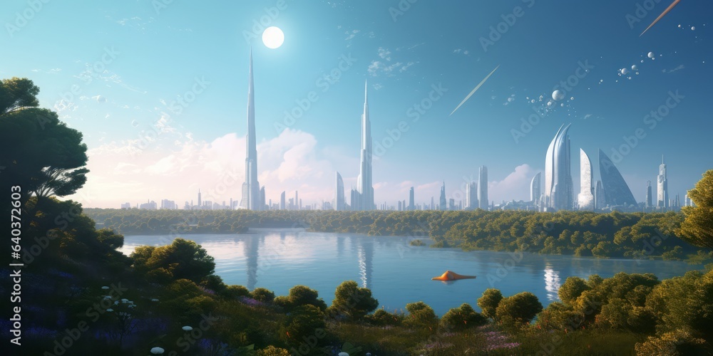 CGI of Futuristic Eco-Friendly City. Two Moons Grace a Sky Above Trees ...