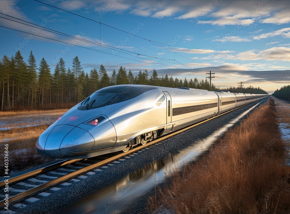A high-speed passenger train of Class X effortlessly races along the ...