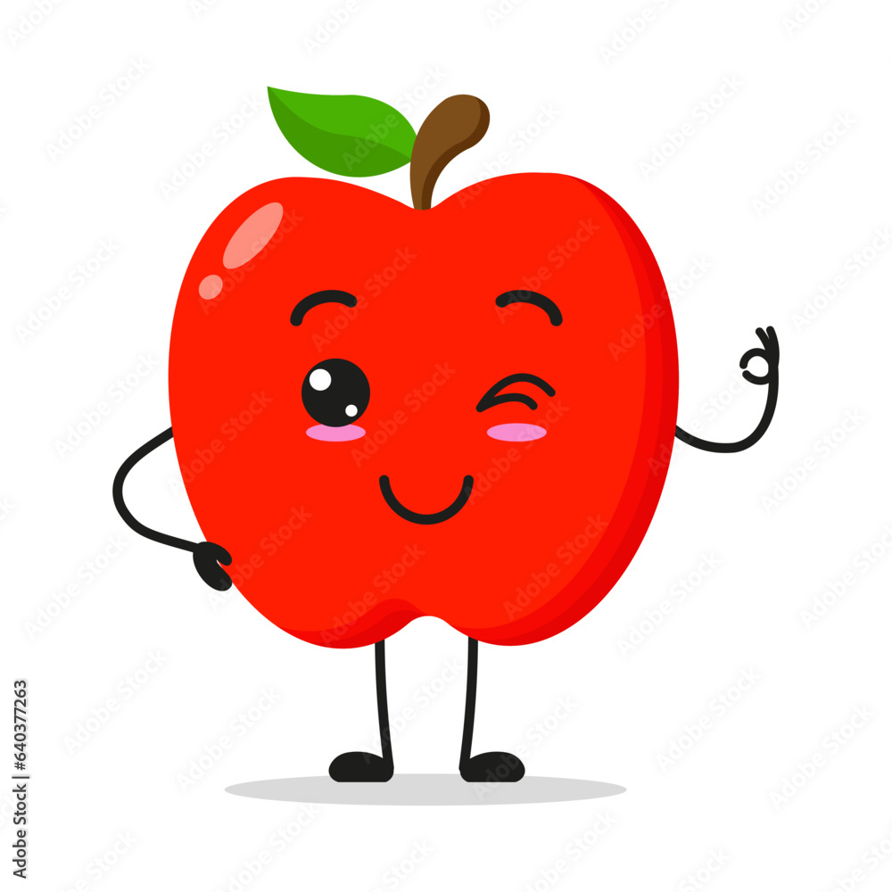 Cute red apple character. Funny smiling and wink fruit cartoon emoticon ...