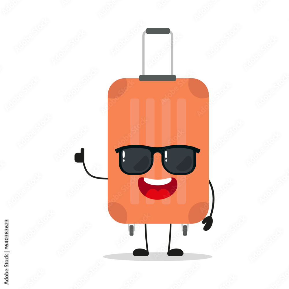 Cute happy suitcase character wear sunglasses. Funny briefcase greet ...