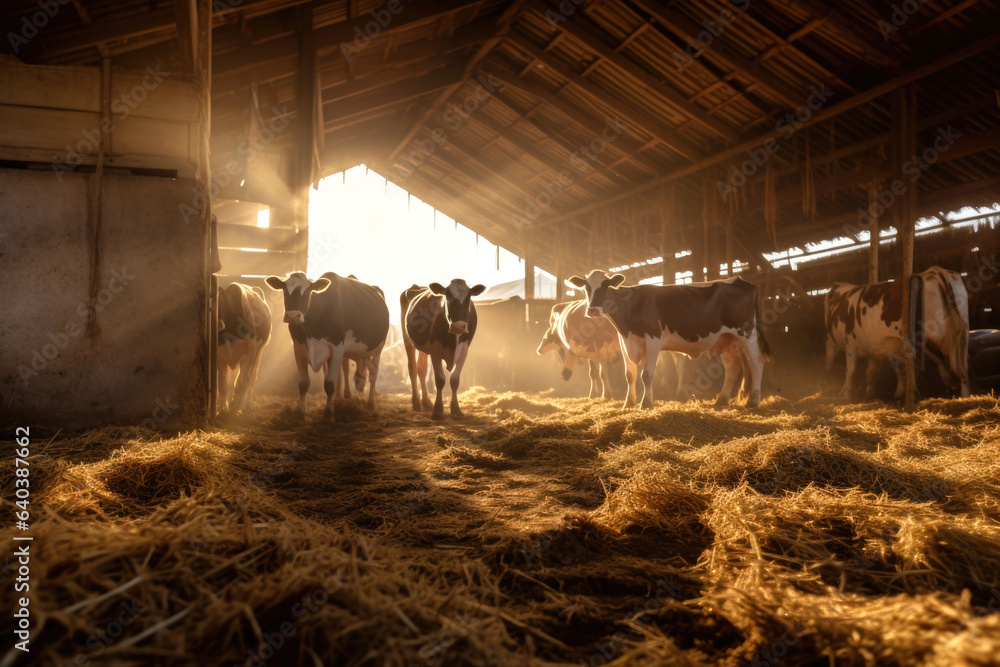 cowshed, several animals, cowshed illuminated by the morning sun, lots ...