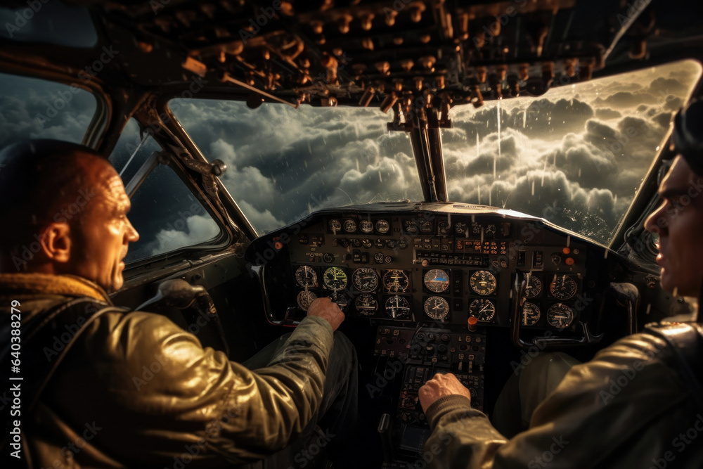 two pilots piloting the plane view from inside the cockpit, the work of ...