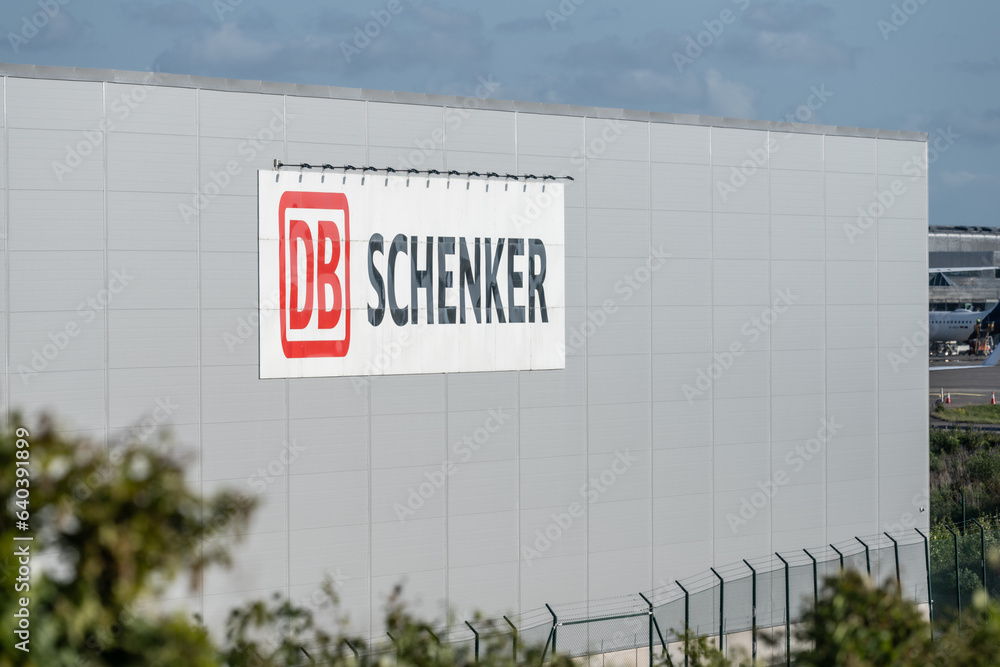Landvetter, Sweden - May 28 2023: DB Schenker logo on the facade of a ...
