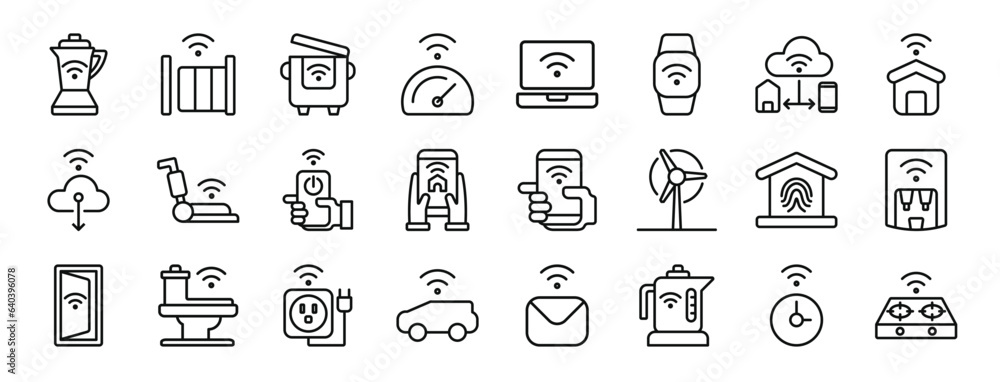 set of 24 outline web smart home icons such as juicer, smart door, rice cooker, dashboard, wifi ...