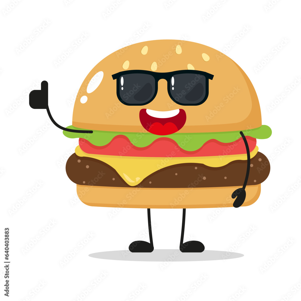 Cute happy hamburger character wear sunglasses. Funny cheeseburger ...