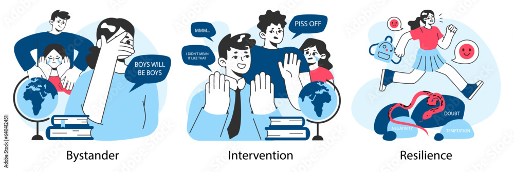 School bullying set. Upset victim being bullied and shamed by others ...