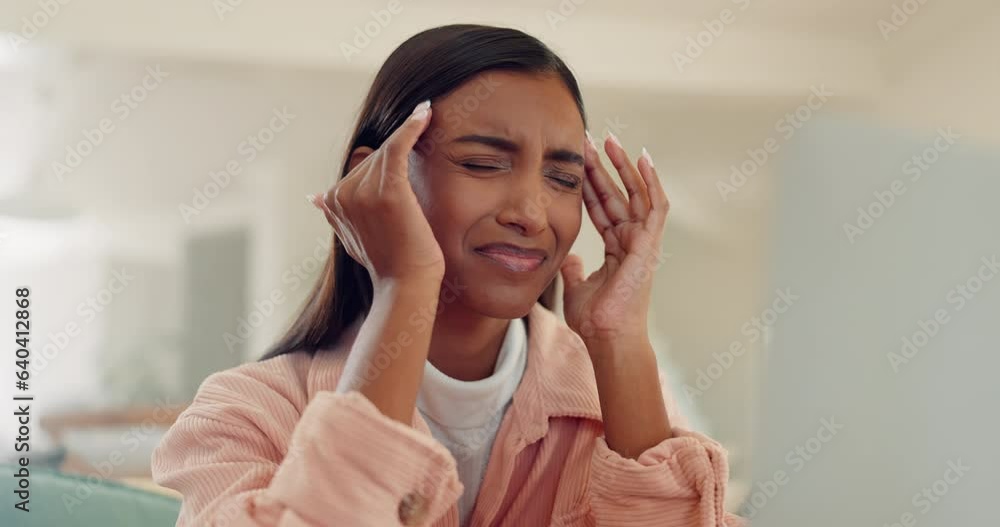 Stress, headache and burnout with a remote work woman busy on a laptop ...