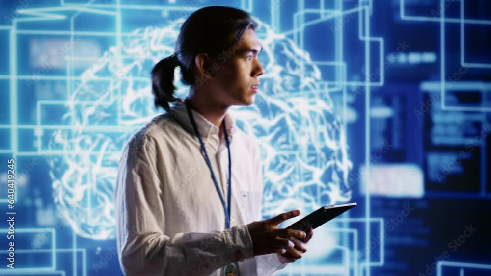 Asian programmer works with artificial intelligence computerized model ... Asian programmer works with artificial intelligence computerized model ...