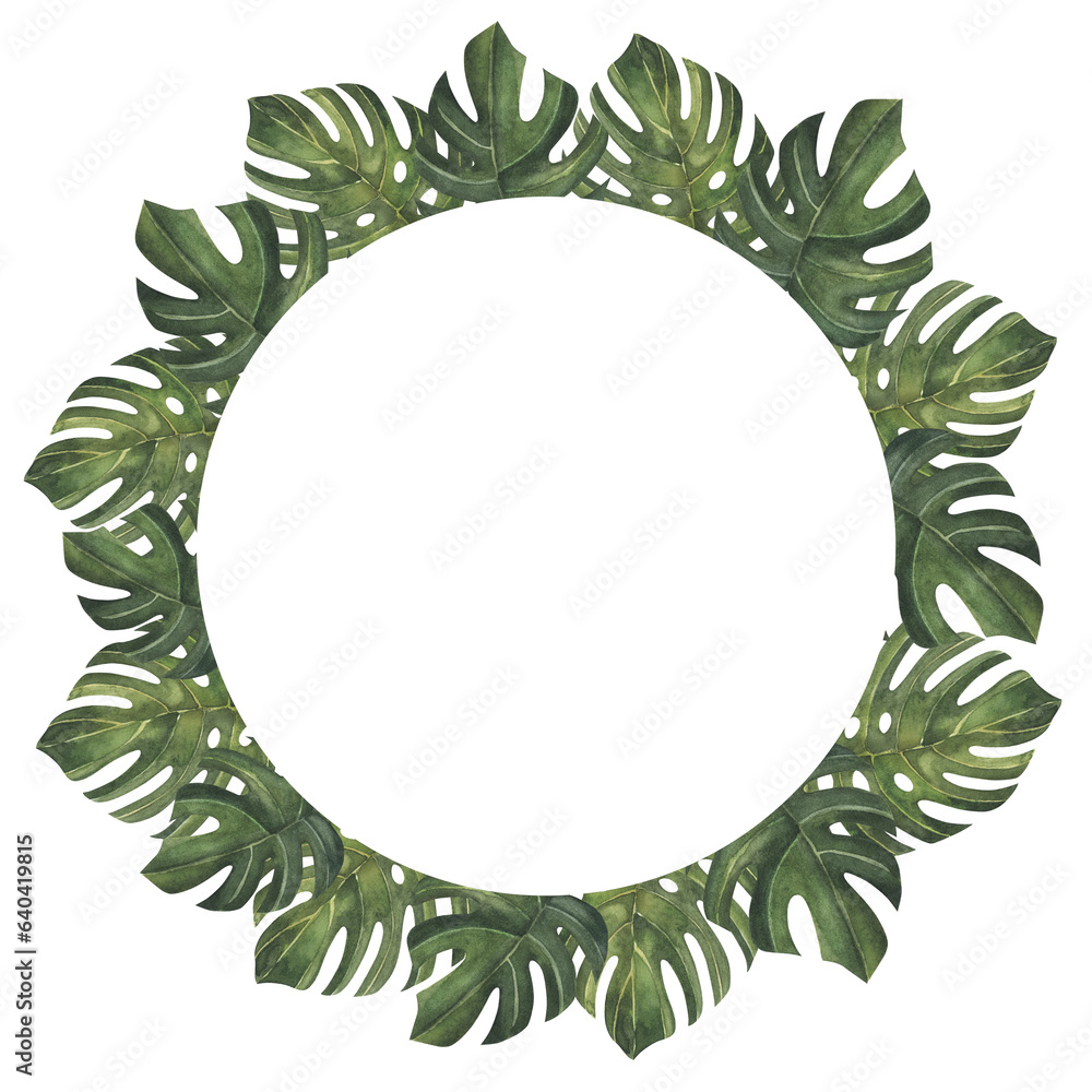 Round frame template with tropical monstera palm leaves. Tropic leaf ...