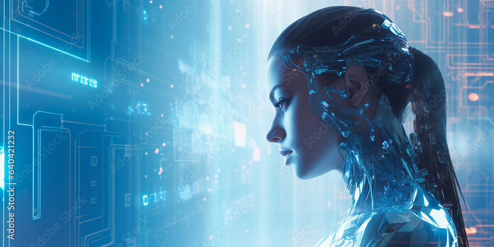 Artificial intelligence concept, a digital humanoid android robot face. AI technology, Chat GPT ...